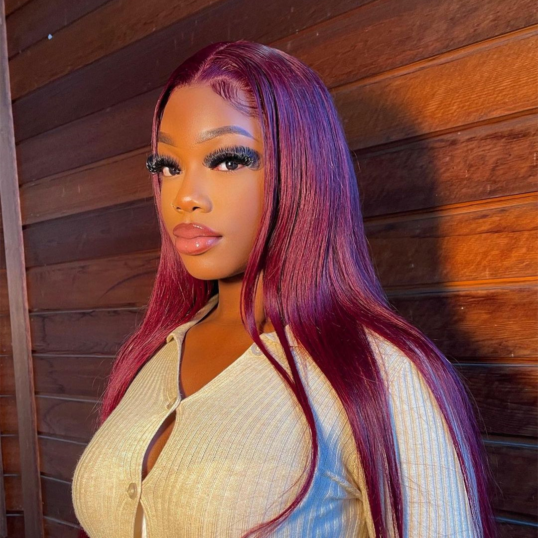 99J Straight Wear Go Wig 6x4 Lace Closure 180% Burgundy Color Glueless ...
