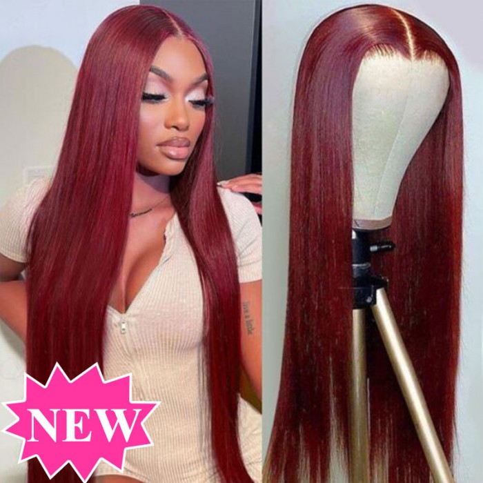99J Straight Wear & Go Glueless 180% Lace Closure Burgundy Color Wig ...