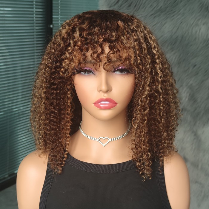 Highlight Kinky Curly Short Bob Wig With Bangs Non-lace Human Hair ...
