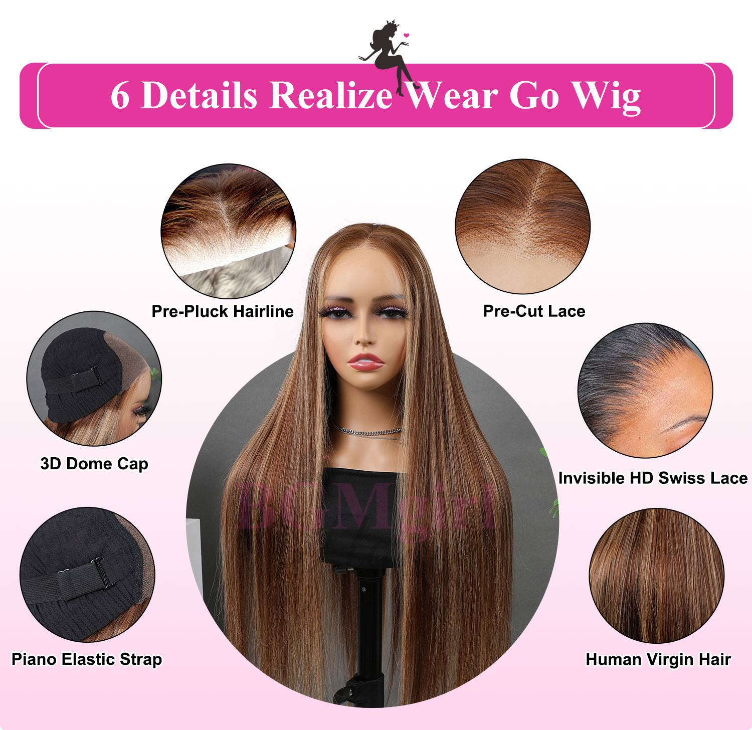 Brown Highlight Straight Wear & Go Glueless 180% HD Lace Closure Color ...